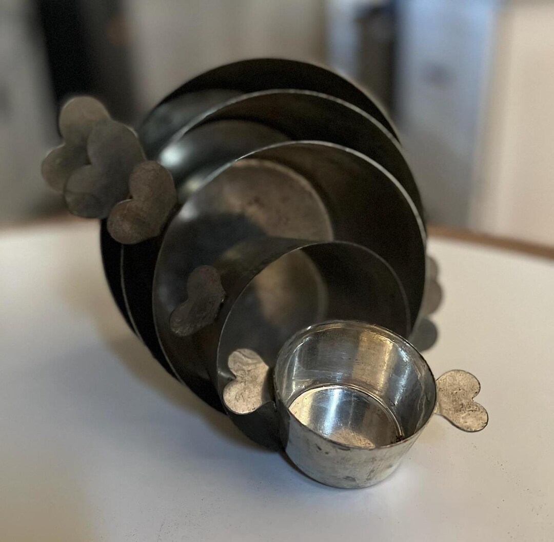 Set of 5 Vintage Heart Handle Tinned Steel Charlotte Mold Soufflé Pans ...