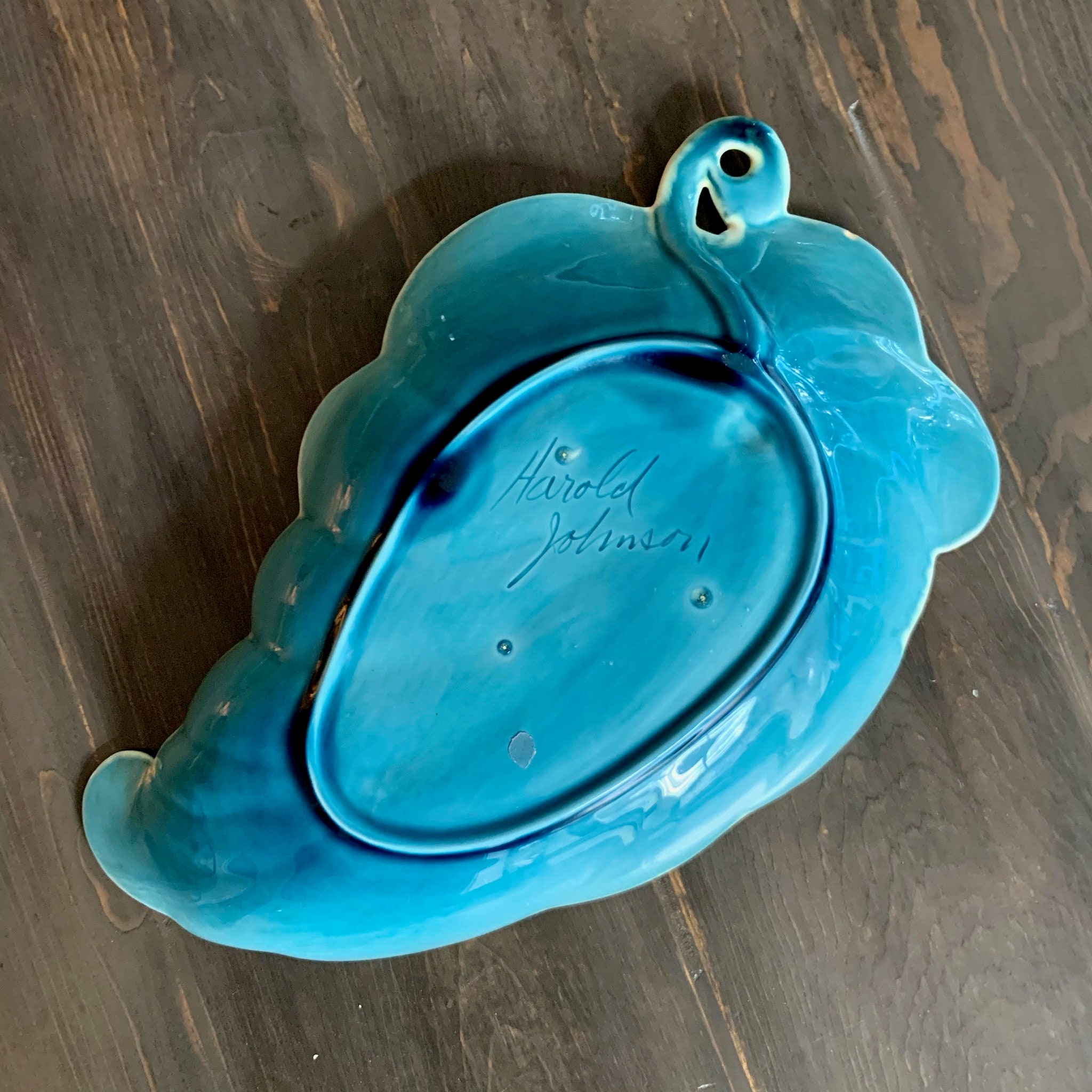 Tan Beige and Teal Blue Colored Leaf Design Pottery Dish by Harold ...