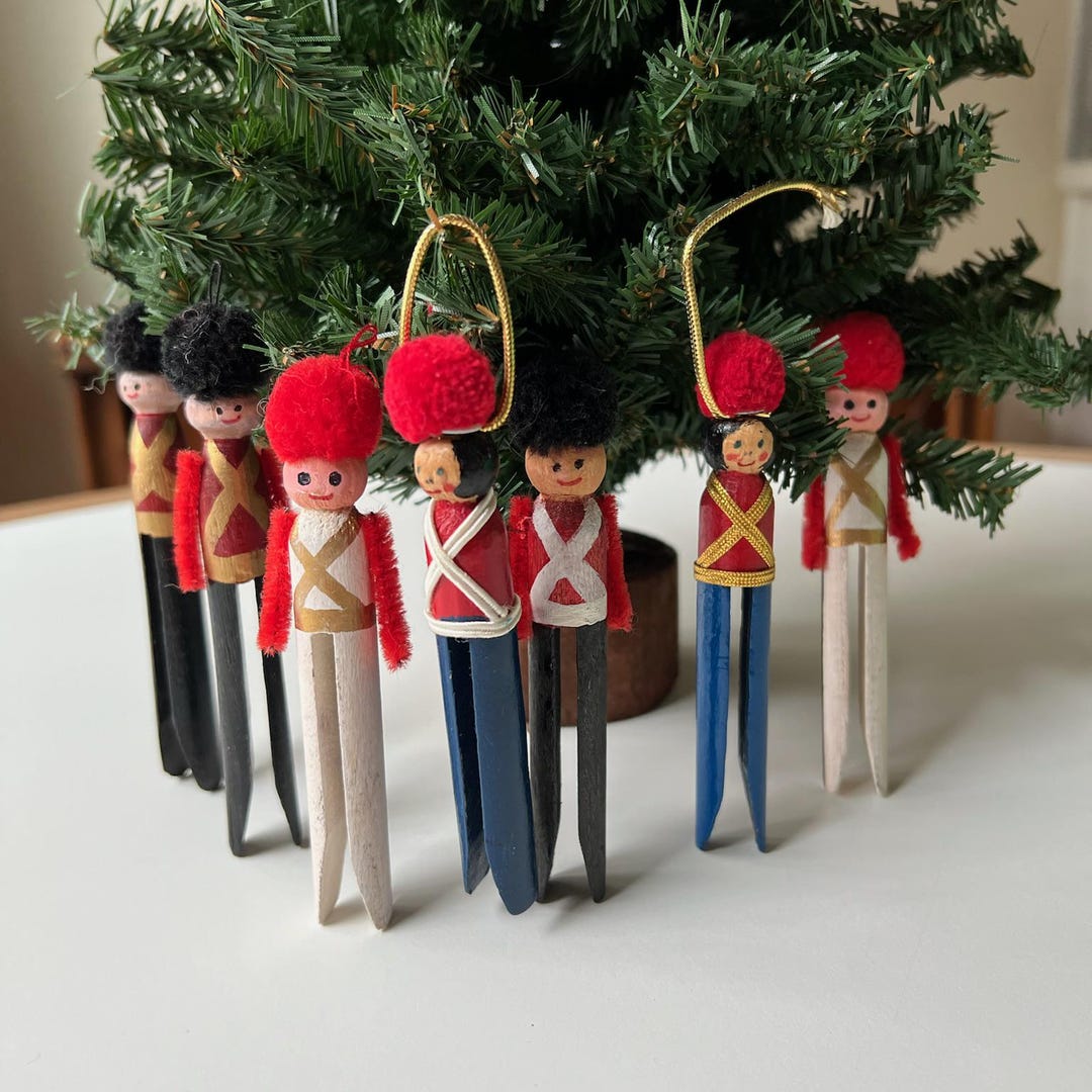 Set of 7 Vintage Hand Painted Wood Clothespin Soldier Ornaments Painted ...