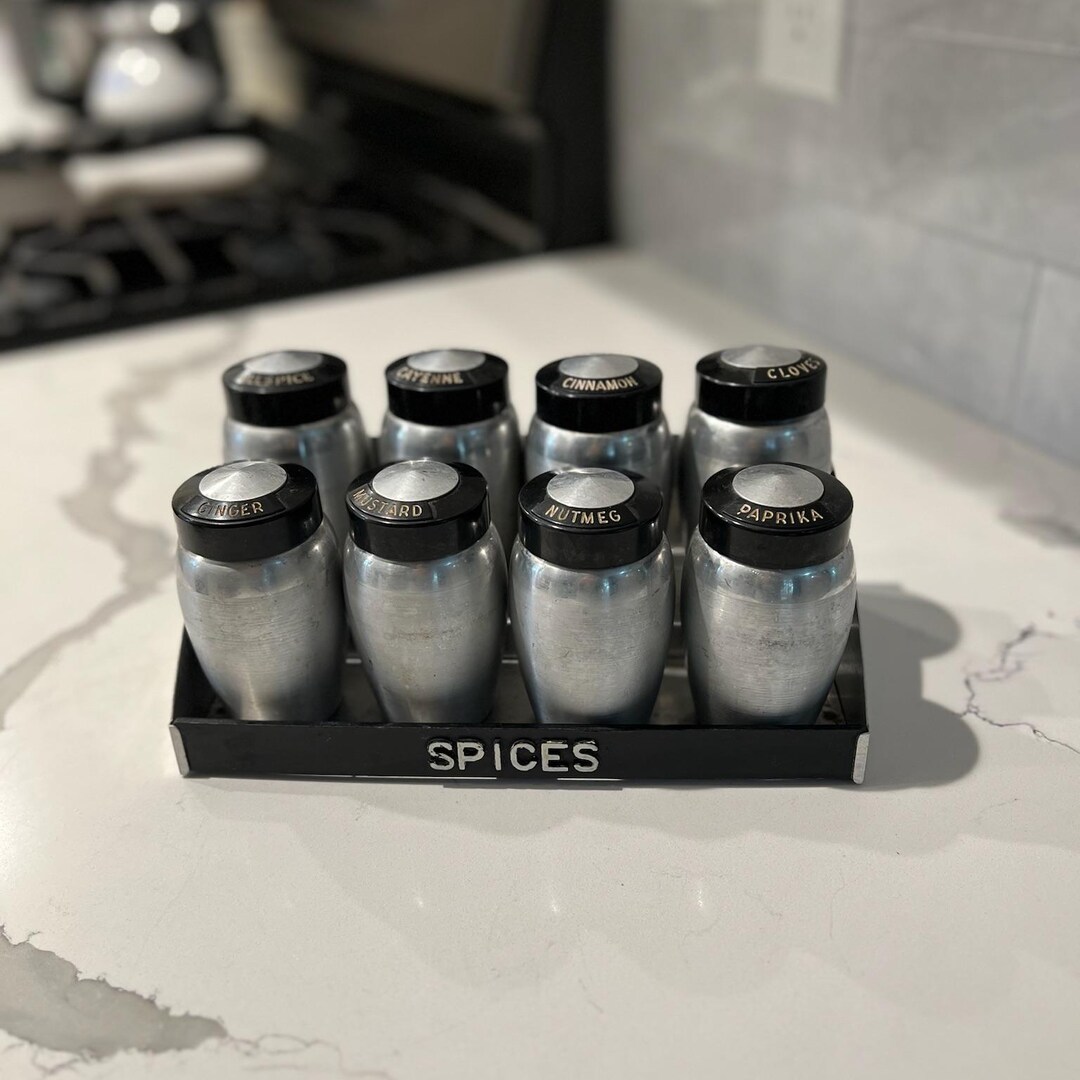 Aluminum Mid-century 9-piece Spice Canister Set and Holder by Kromex ...
