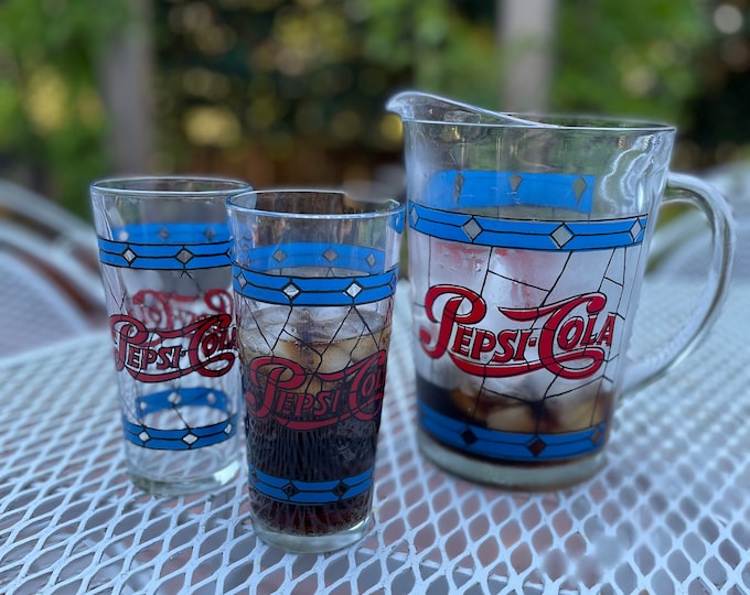 Set of Pepsi Stained Glass Design 54oz. Pitcher and Two 14oz. Drinking ...