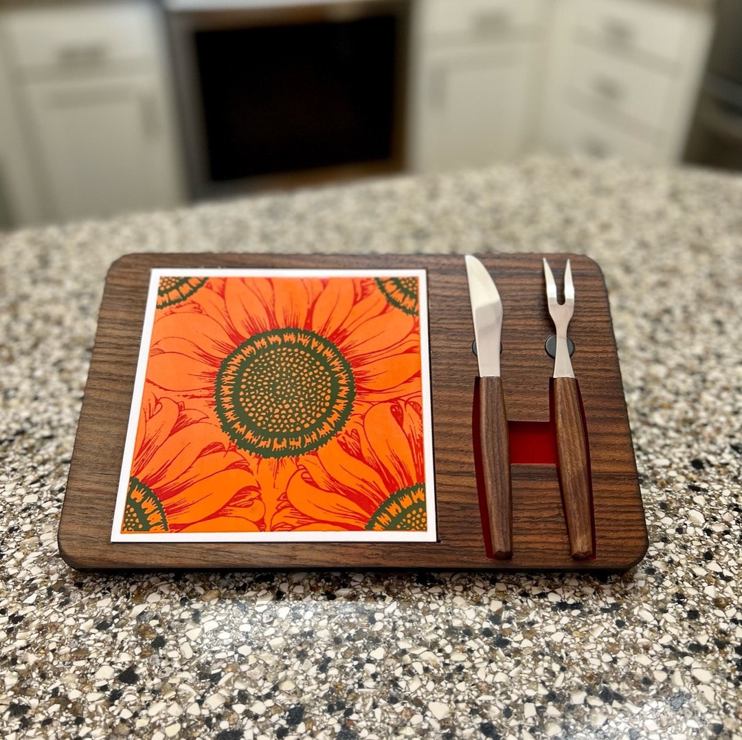 Vintage Sunflower Tile & Wood Cheese Board Set With Fork Knife by ...