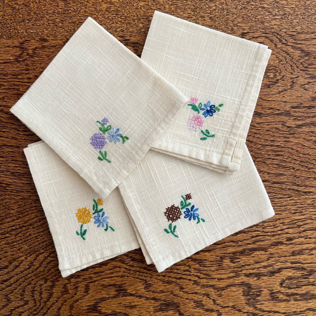 Vintage 4-piece Cotton Floral Embroidered Napkin Set | 10x10 Square ...