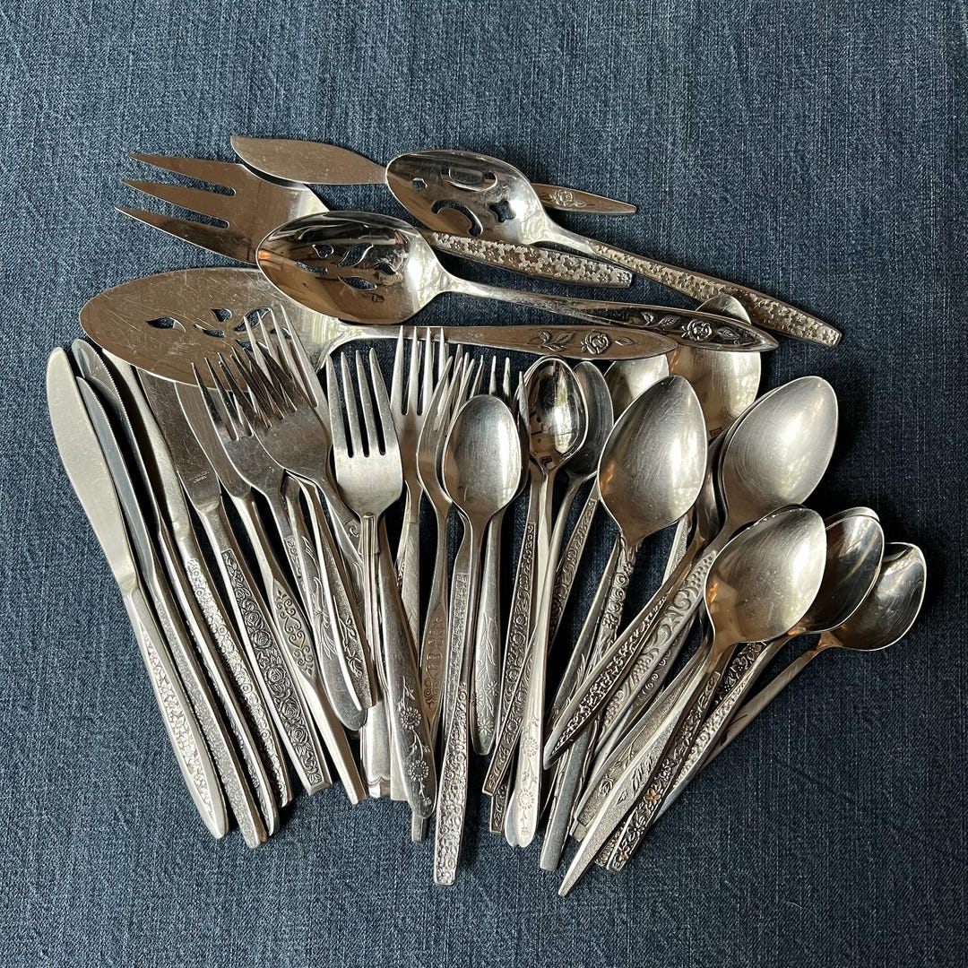 42 Piece Set of Vintage Mid Century Floral Stainless Steel Silverware ...