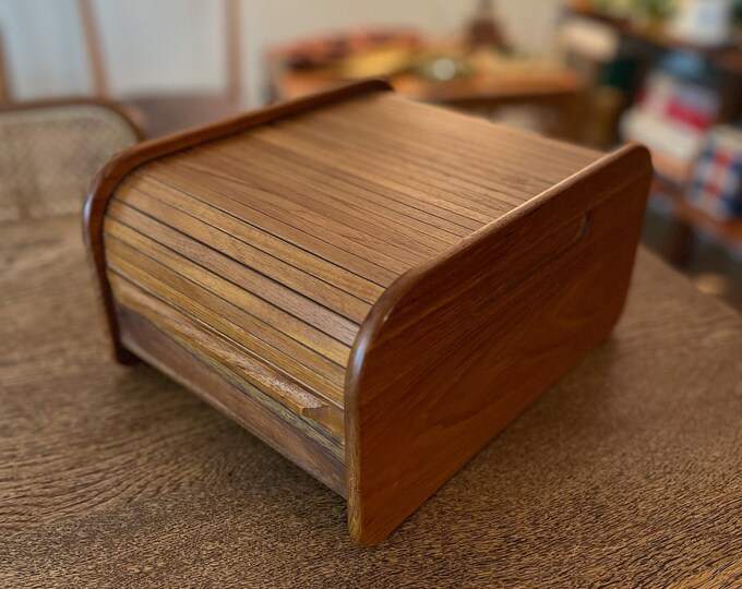 Vintage Teakwood Tambour Roll Top Cassette Holder by EA Ltd. | Teak ...