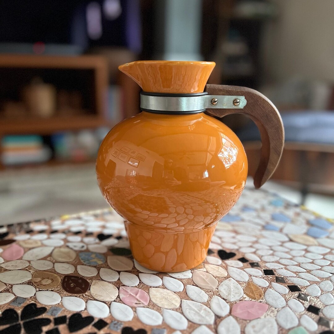 Vintage Orange Carafe Pitcher With Wood Handle Marked Original ...