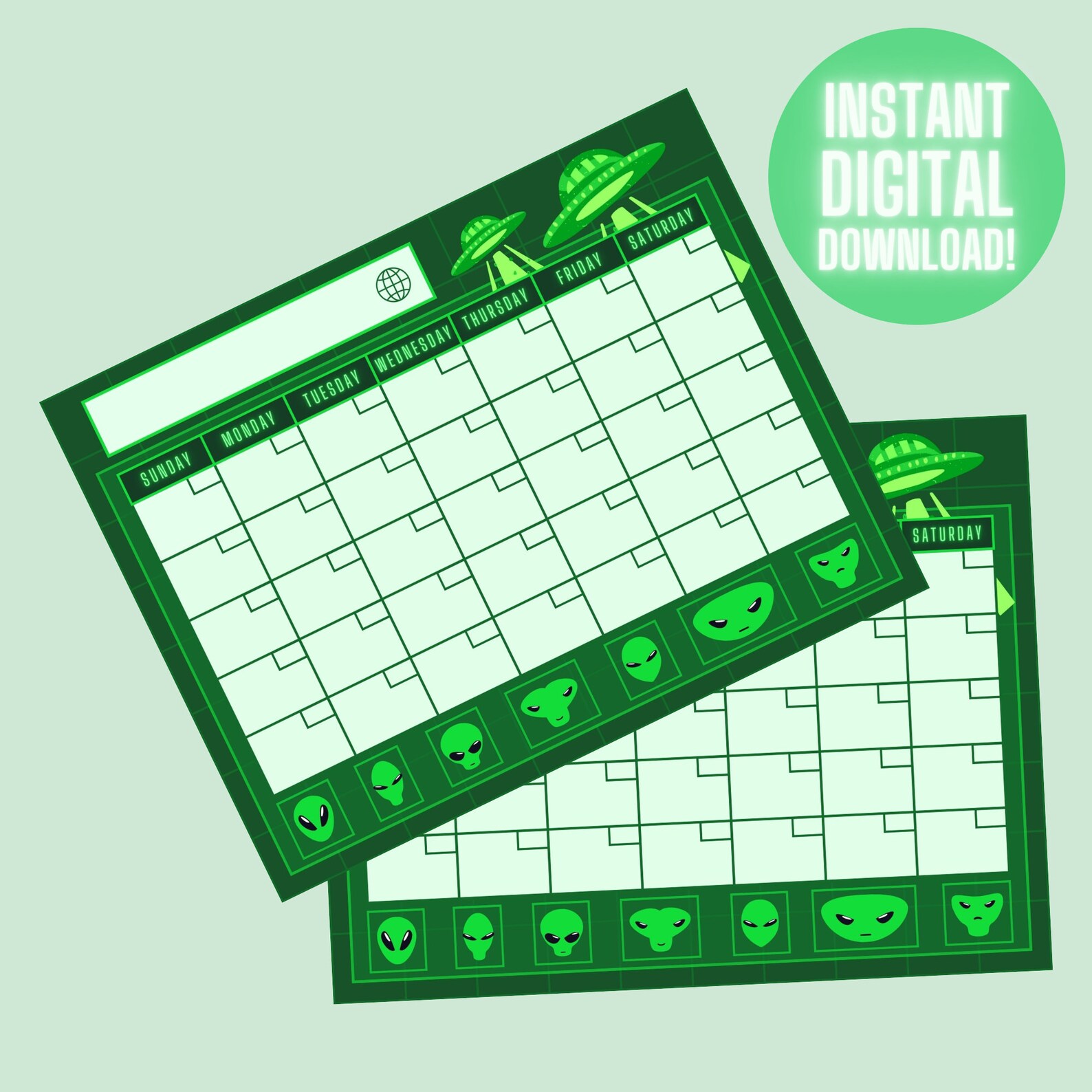 Alien UFO Monthly Calendar Printable, Downloadable Planner, Space ...