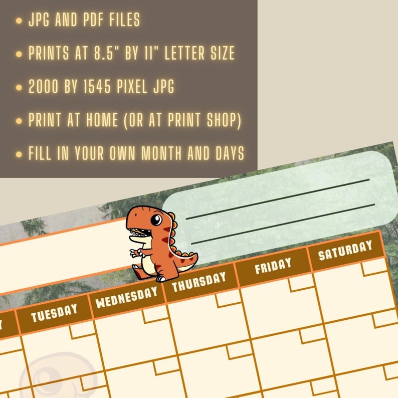 Cute Baby Dinosaur Calendar Office Gift, Monthly Planner Printable ...