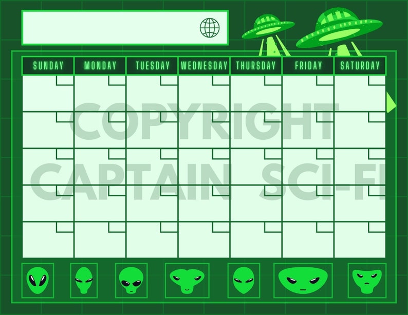 Alien UFO Monthly Calendar Printable, Downloadable Planner, Space ...