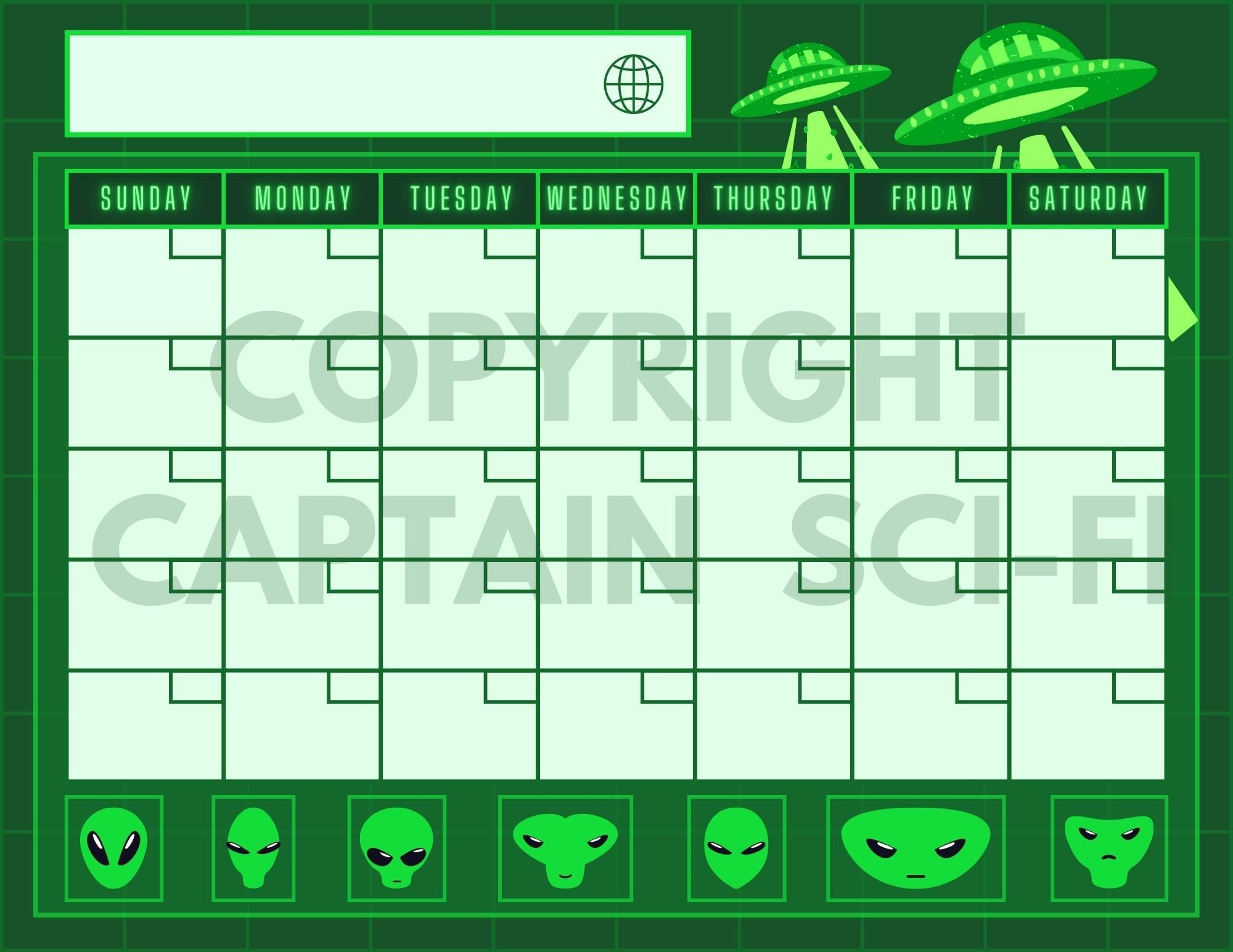 Alien UFO Monthly Calendar Printable, Downloadable Planner, Space ...