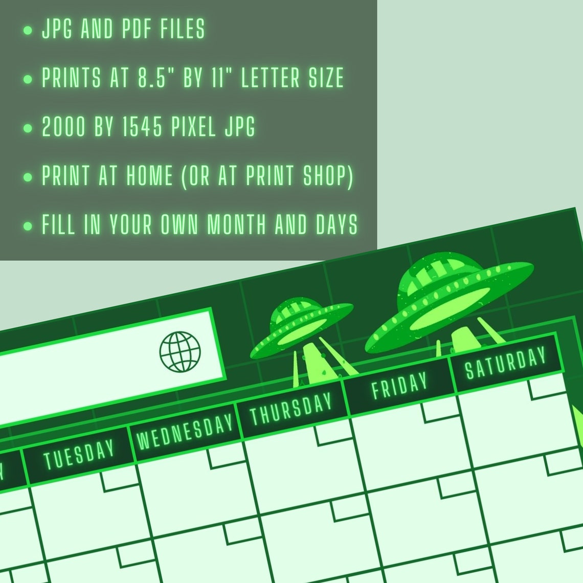 Alien UFO Monthly Calendar Printable, Downloadable Planner, Space ...
