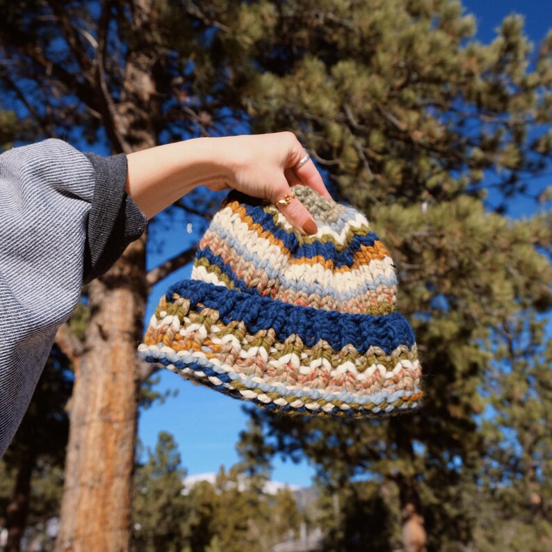 Colorful & Chunky Hand Knit Wool Scrap Beanies. Sustainable, Outdoorsy ...
