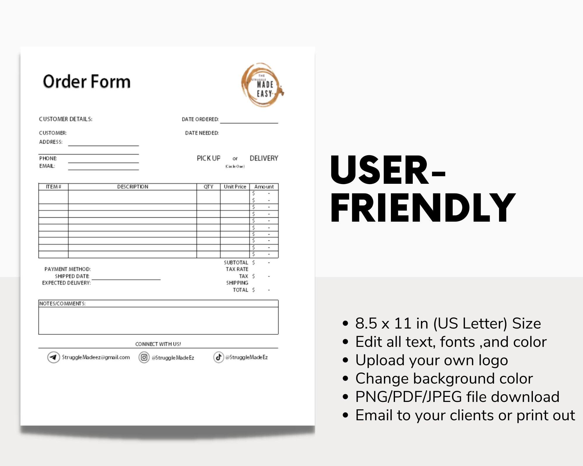 Order Form Template Instant Microsoft Excel & Word Download Small ...