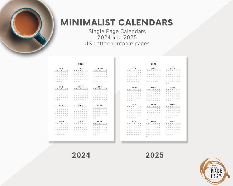 Minimalist Calendar 2024-2025: One Page Annual Template (PDF Download ...