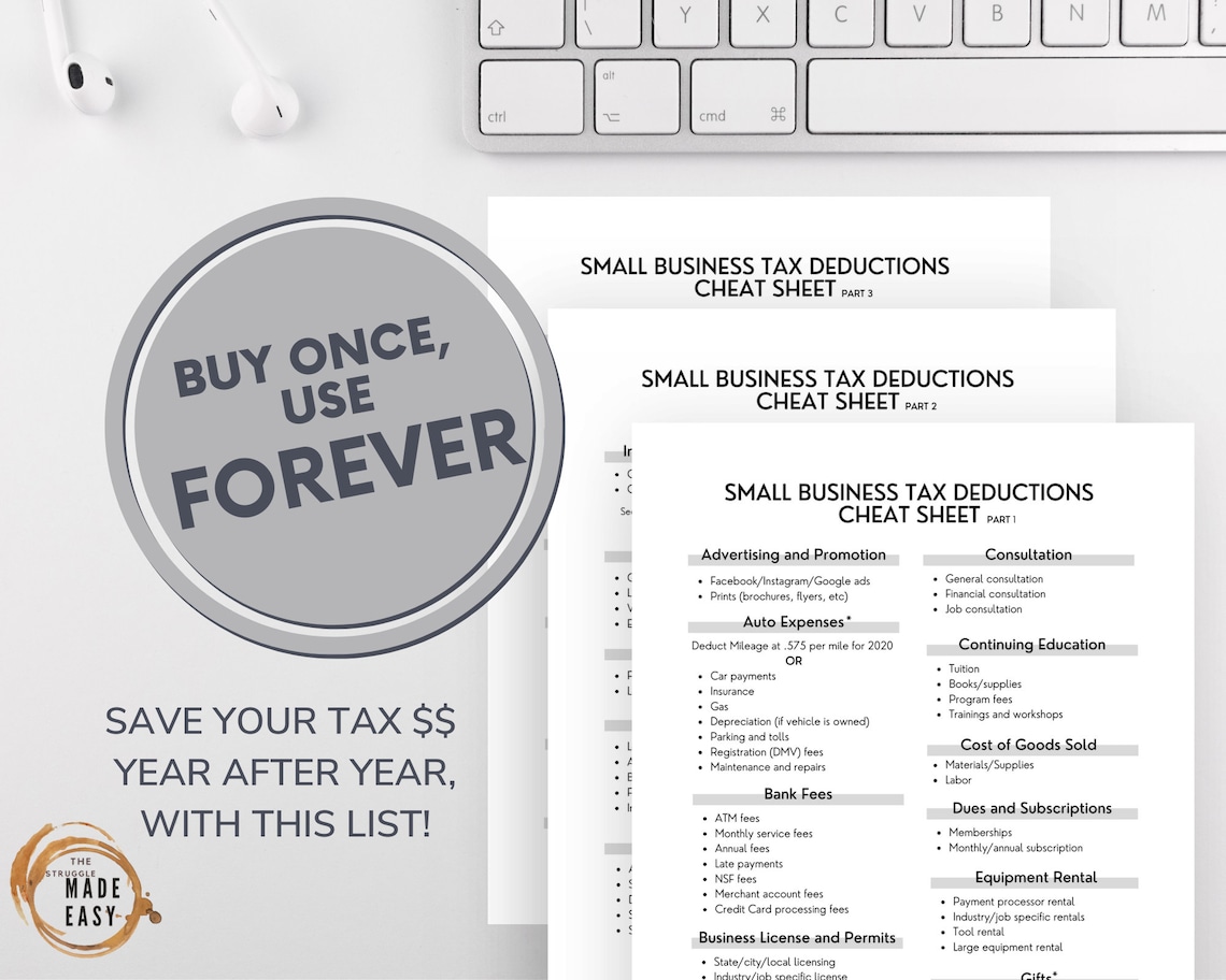 Business Tax Deductions Cheat Sheet Excel Deductible Tax - Etsy