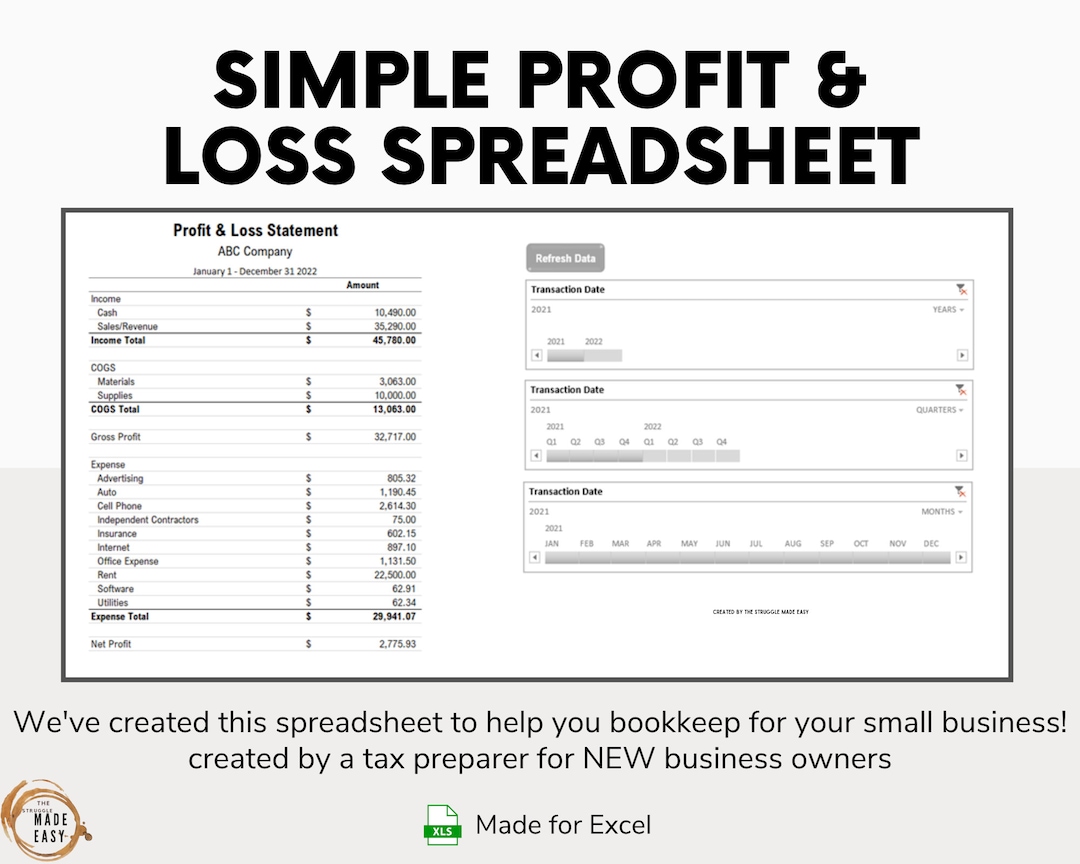 Small Business Tax Deductions Profit and Loss Statement Excel Template ...