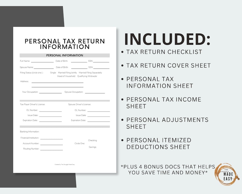 Personal Tax Return Workbook, Tax Preparation Checklist, Personal Taxes ...