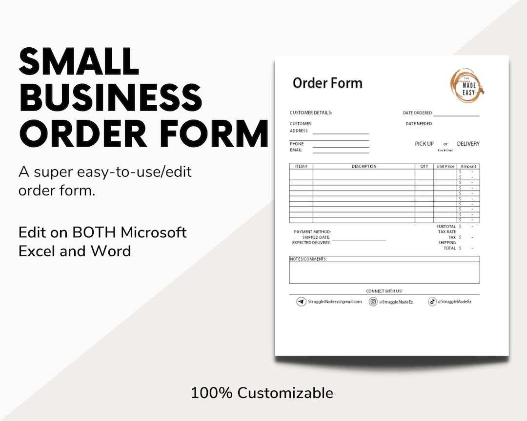 Order Form Template Instant Microsoft Excel & Word Download Small ...