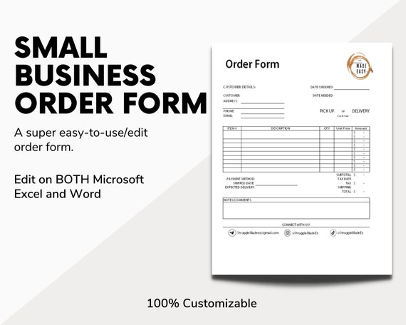Order Form Template Instant Microsoft Excel & Word Download - Etsy