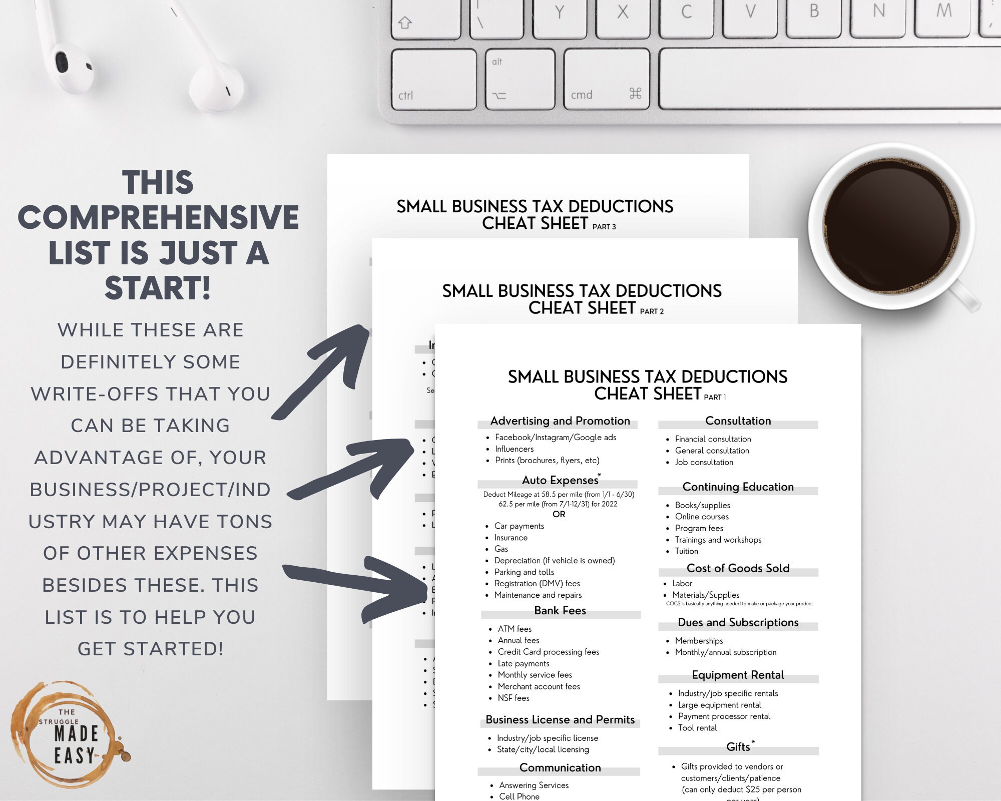 Business Tax Deductions Cheat Sheet + Excel | Deductible | Tax Write ...