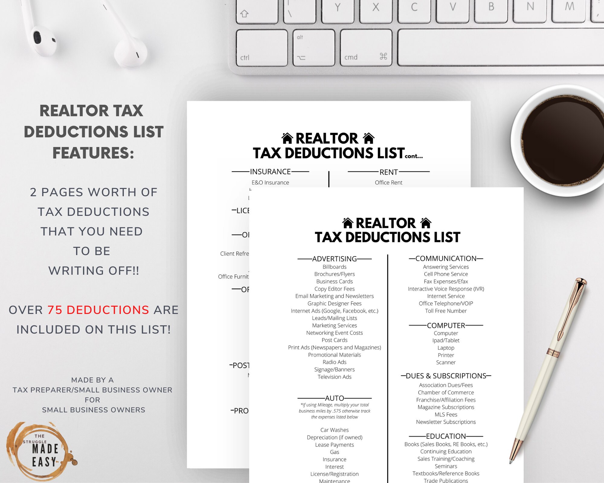 Small Business + Realtor Tax Deductions Cheat Sheet Lists | Deductible ...