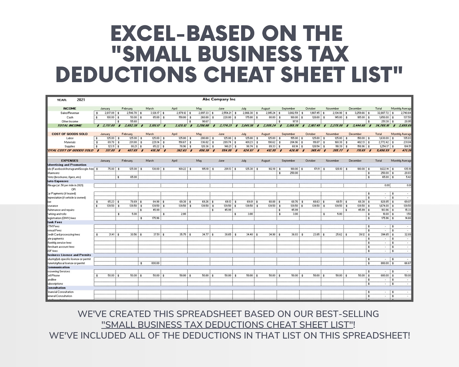 Business Tax Deductions Cheat Sheet Excel Deductible Tax | Etsy UK