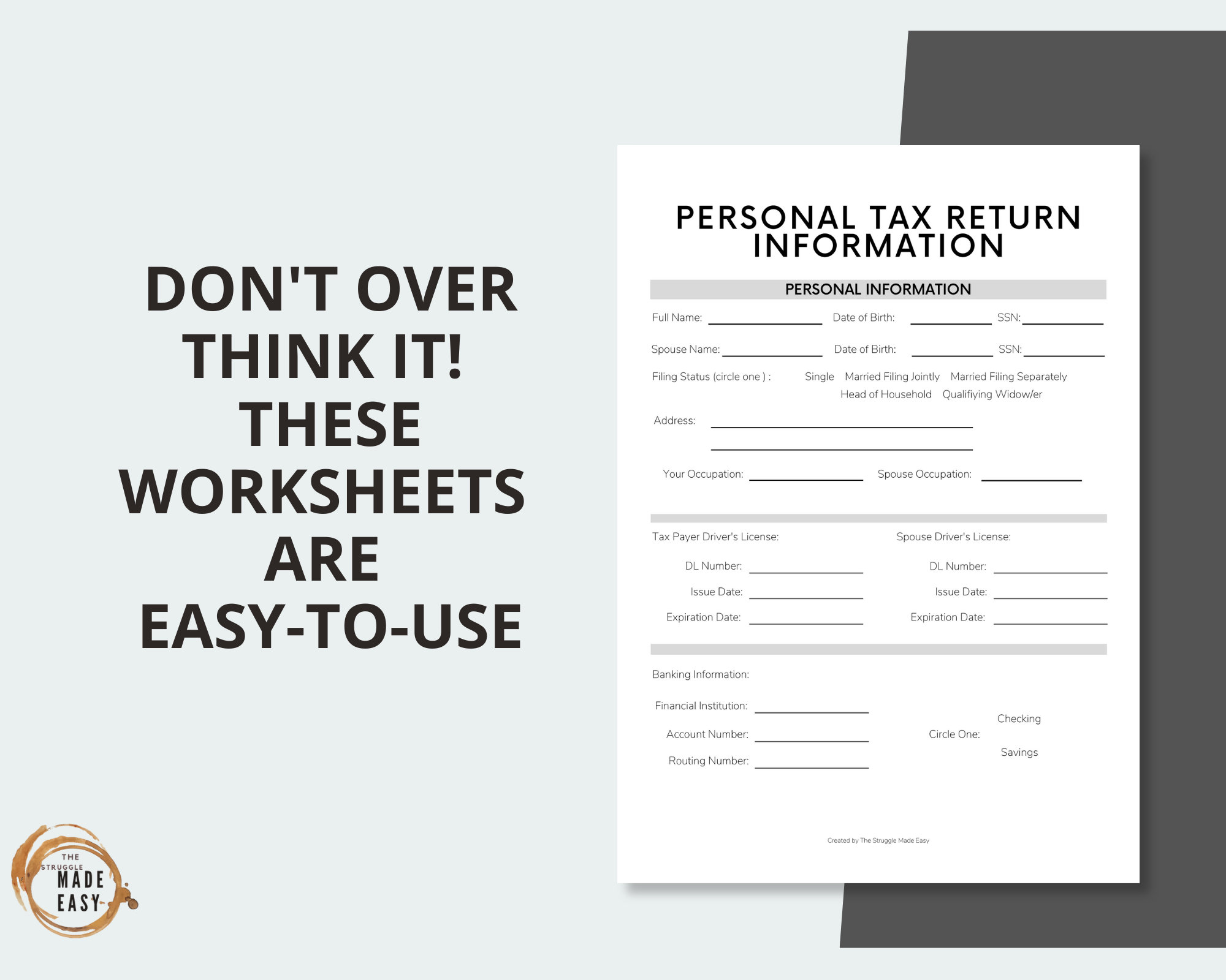 Personal Tax Return Workbook, Tax Preparation Checklist, Personal Taxes ...