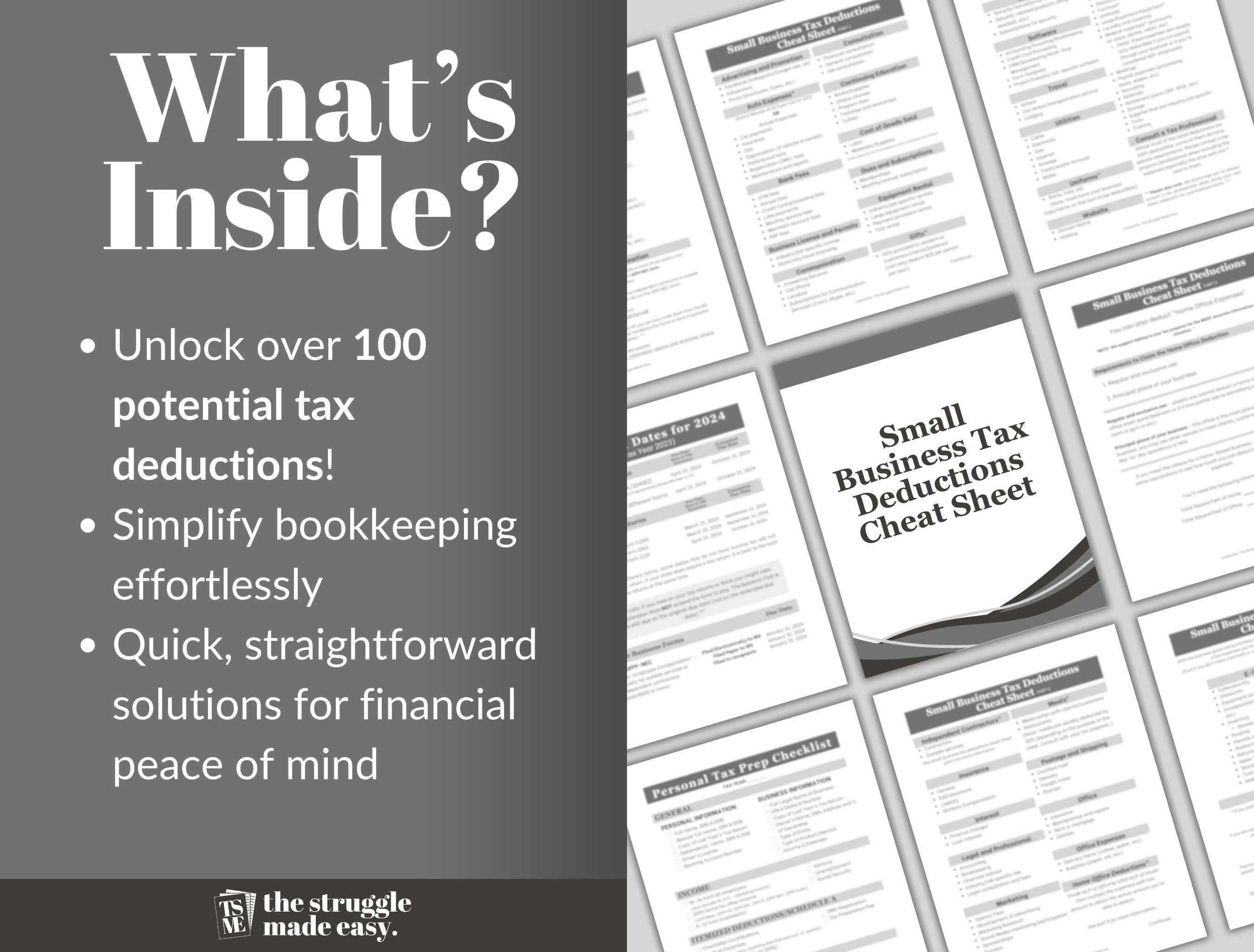 Small Business Tax Deductions Cheat Sheet Tax Write Offs List Side ...