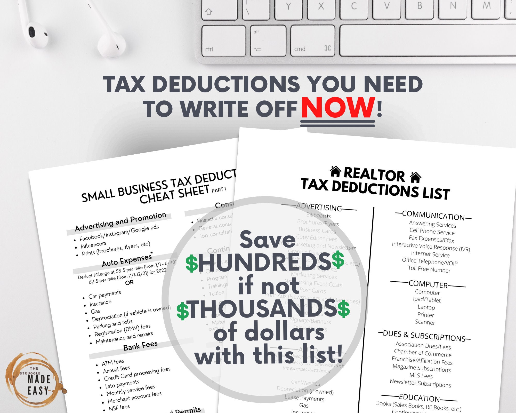 Small Business + Realtor Tax Deductions Cheat Sheet Lists | Deductible Expenses | Tax Write Offs ...