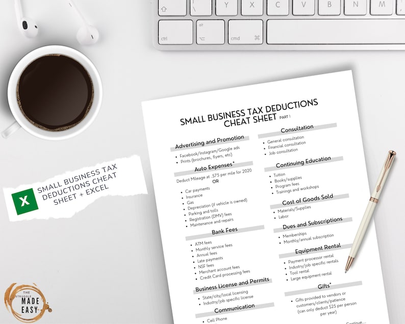 Business Tax Deductions Cheat Sheet Excel Deductible Tax - Etsy