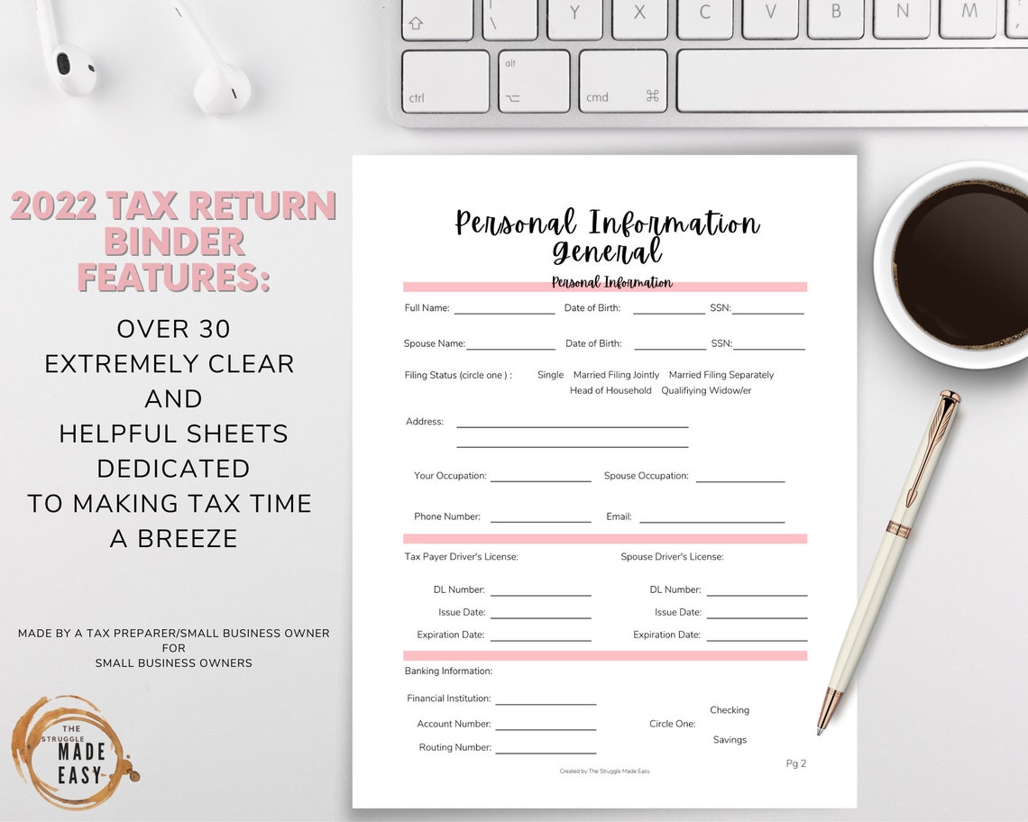 2022 Tax Return Binder in Pink Excel Individual AND - Etsy
