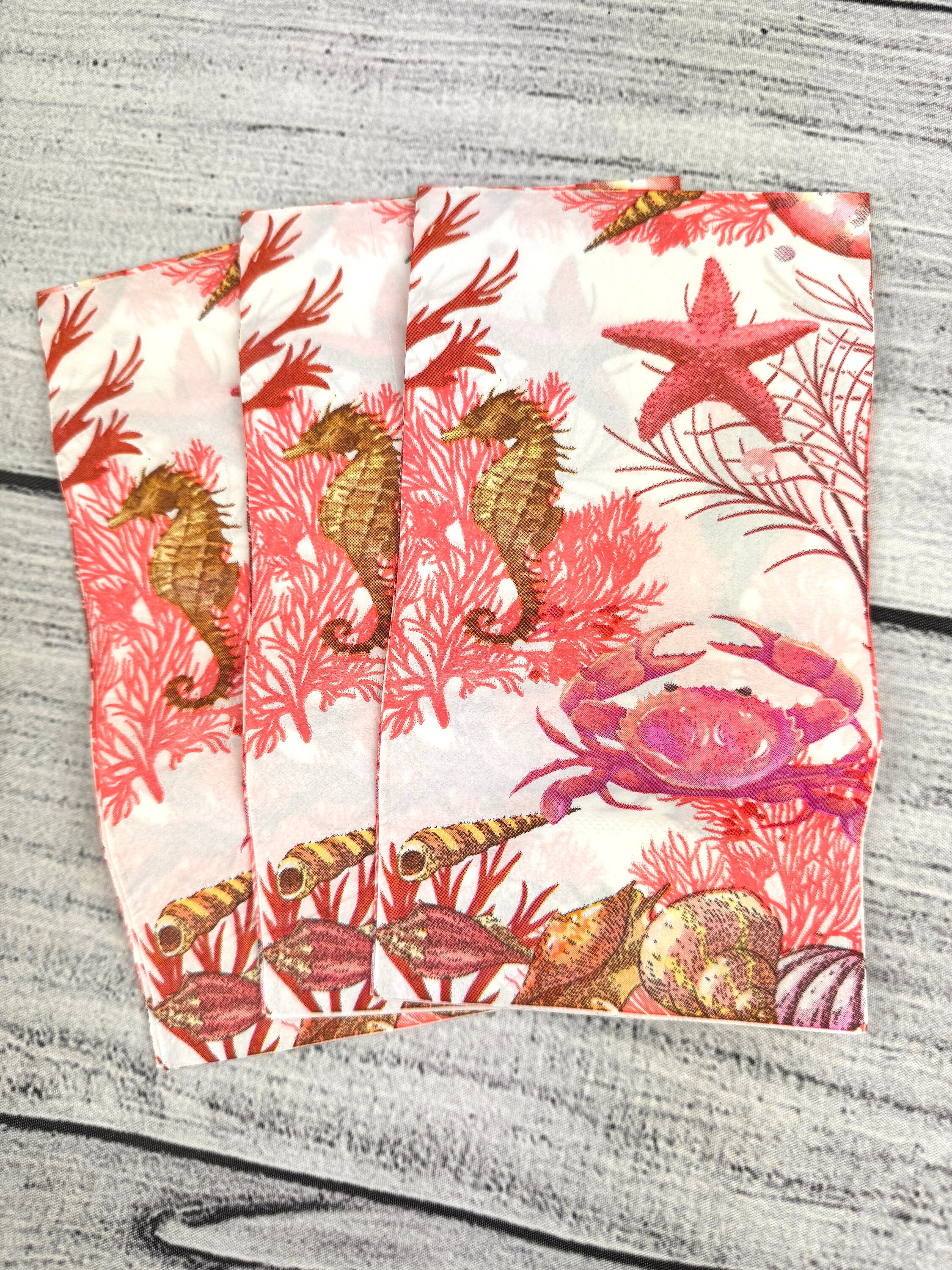 Set of 3 Pink Coastal Crab Starfish Napkins for Decoupage Crafting ...