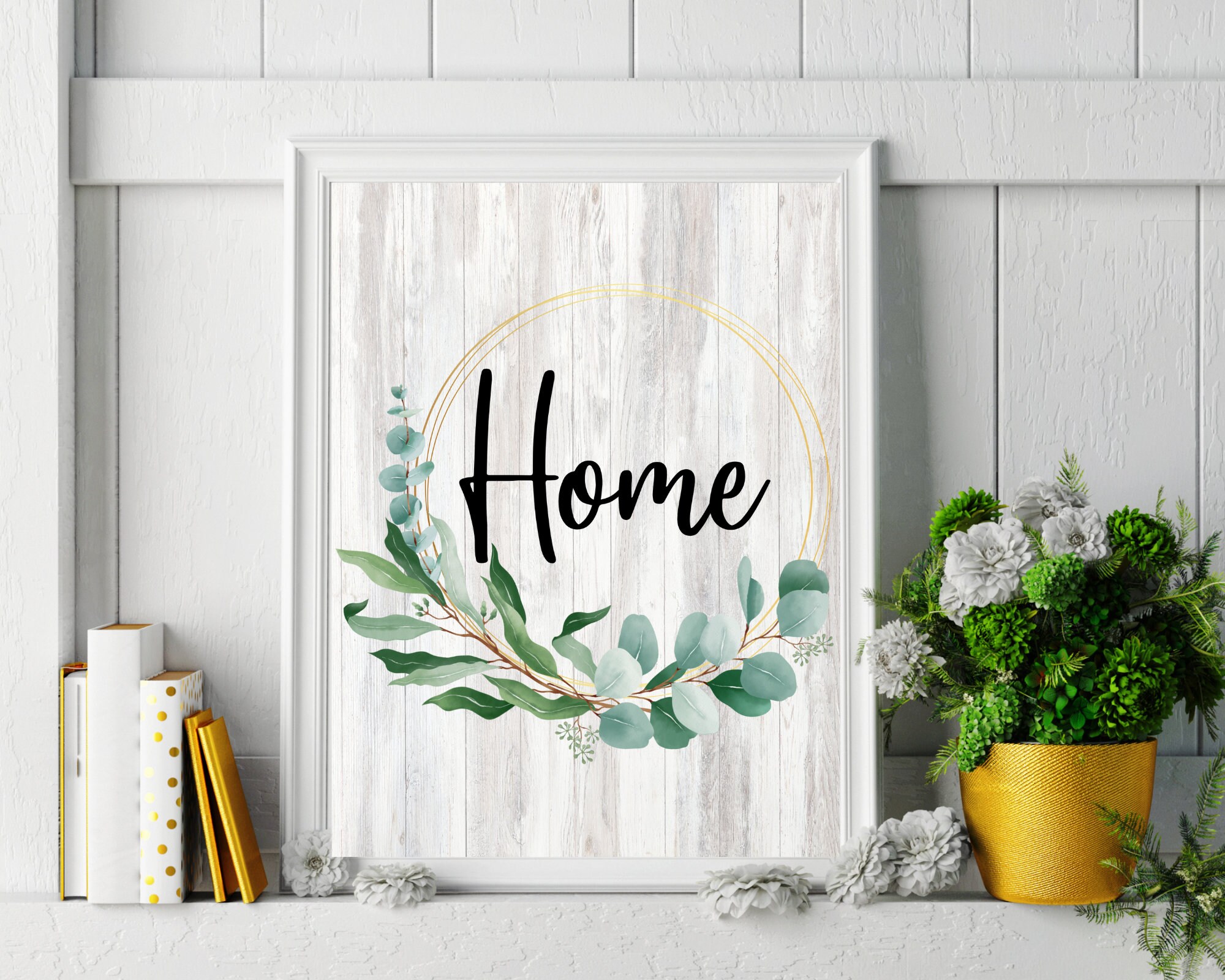 Home Wall Sign Printable With Wreath, Farmhouse Decor, Flower Home Wall ...