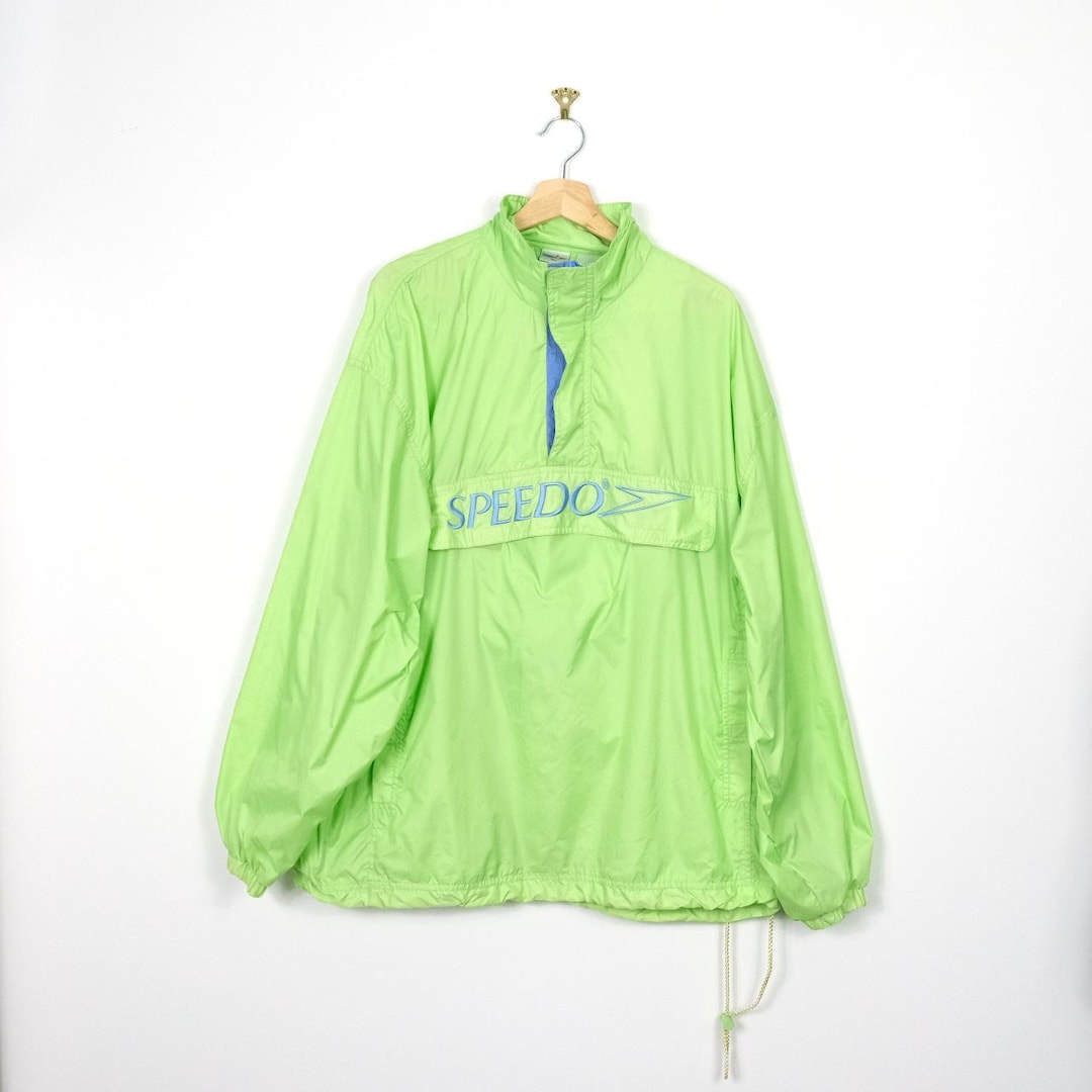 Vintage Lime Green Speedo 1/4 Zip Windbreaker Nylon Hooded Jacket XL ...