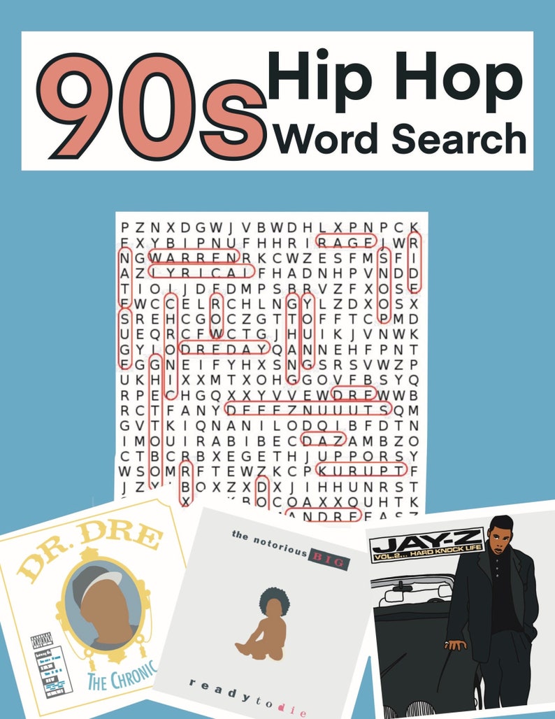 PRINTABLE WORD SEARCH Pages 90s Hip Hop (2pac Biggie Jay Z Dre Snoop ...