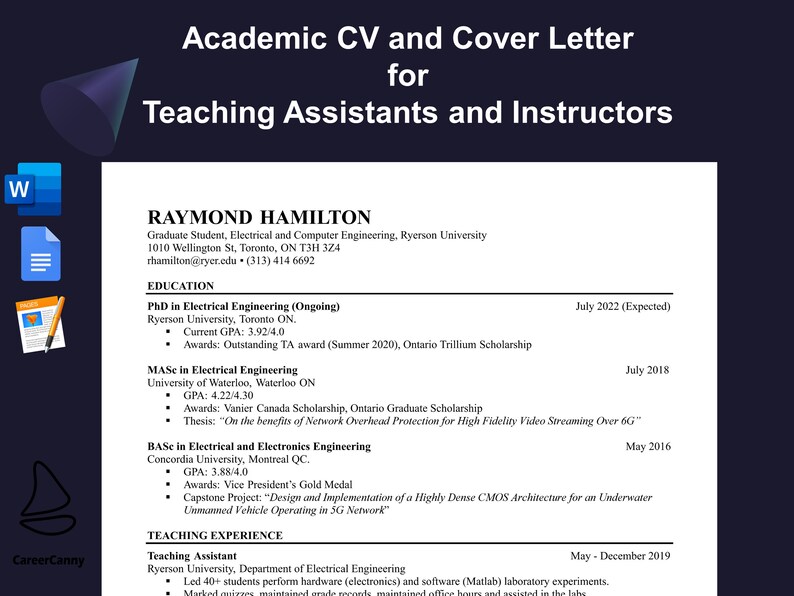 Academic CV curriculum Vitae / Resume Template for Teaching Assistantship TA and Instructorship ...