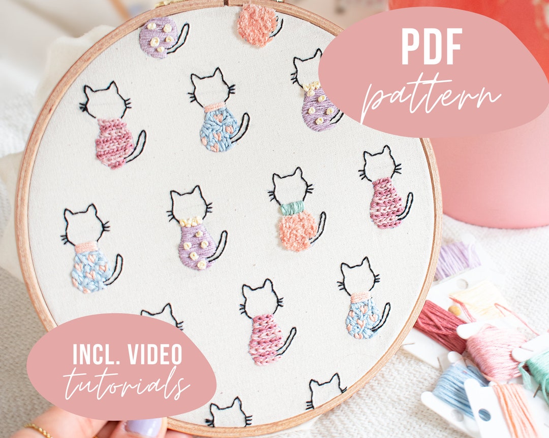PDF PATTERN. Cute Cat Embroidery Design. Digital Download With Video ...