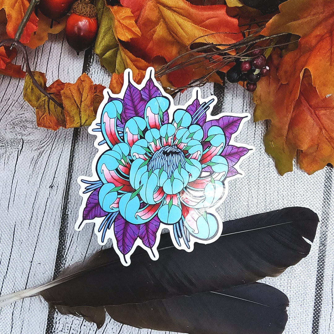 GLOSSY STICKER: Tattoo Style Blue and Red Chrysanthemum , Chrysanthemum ...