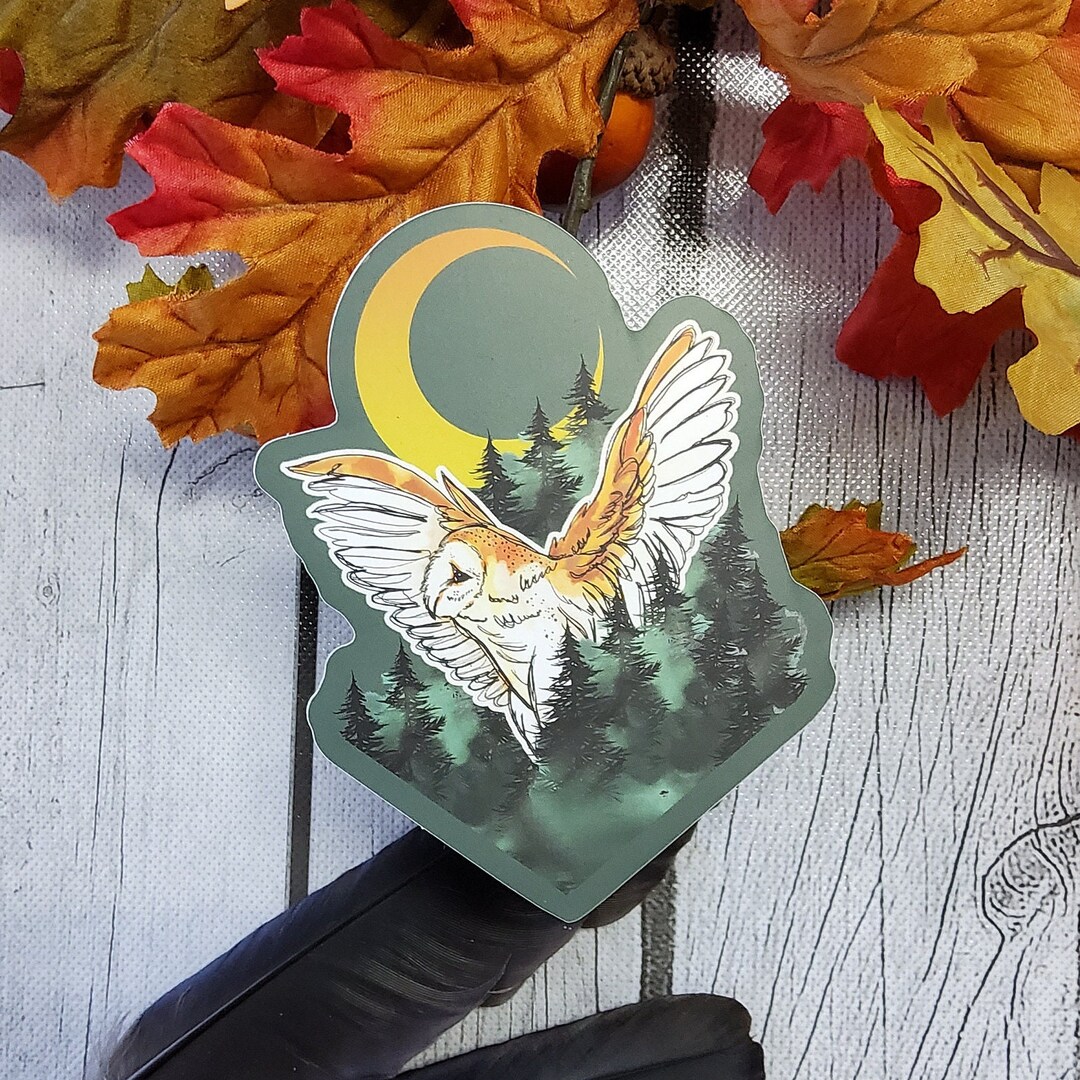 MATTE STICKER: Spooky Forest Barn Owl Art , Teal and Gold Forest Art ...