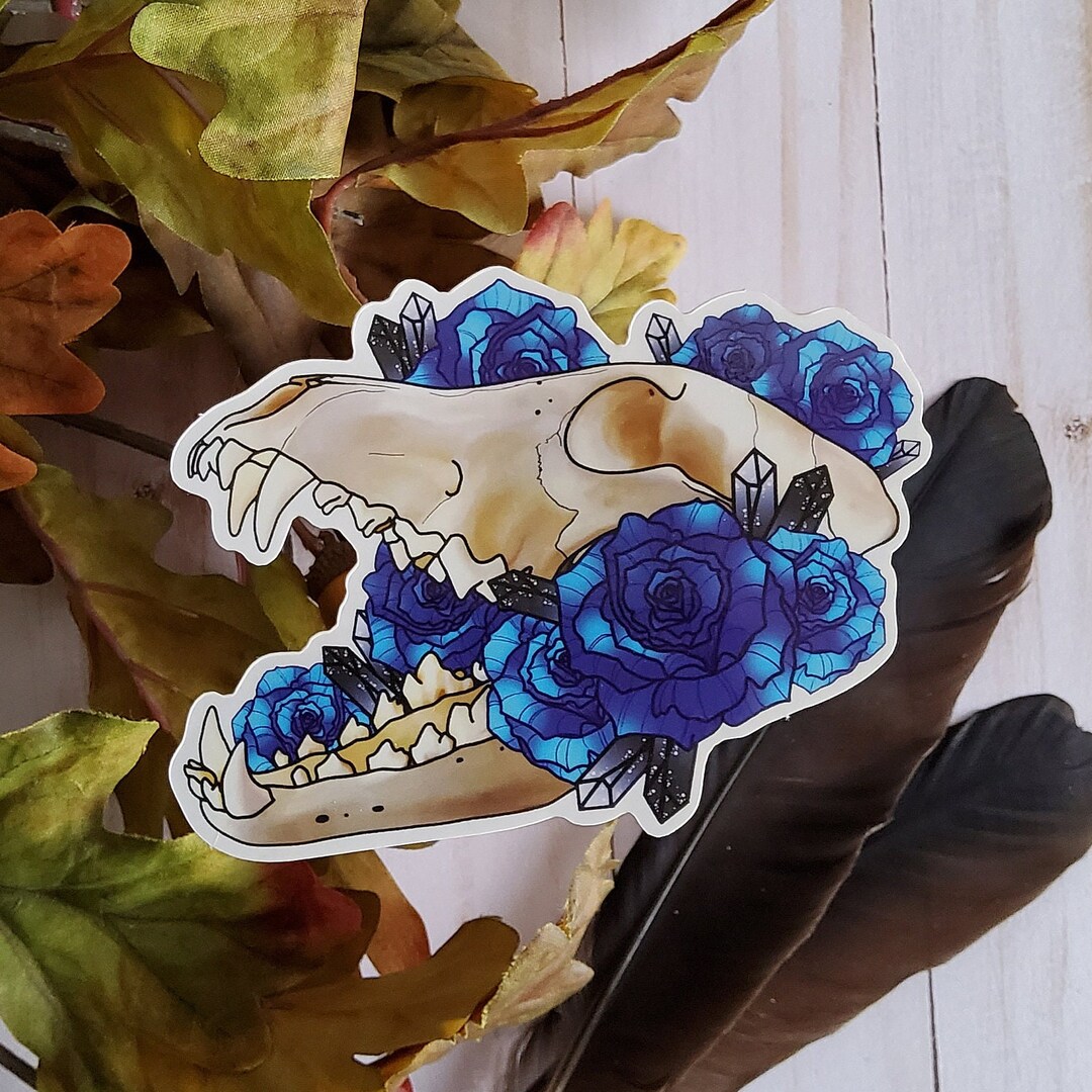 GLOSSY STICKER: Wolf Skull and Blue Roses Vulture Culture Stickers ...