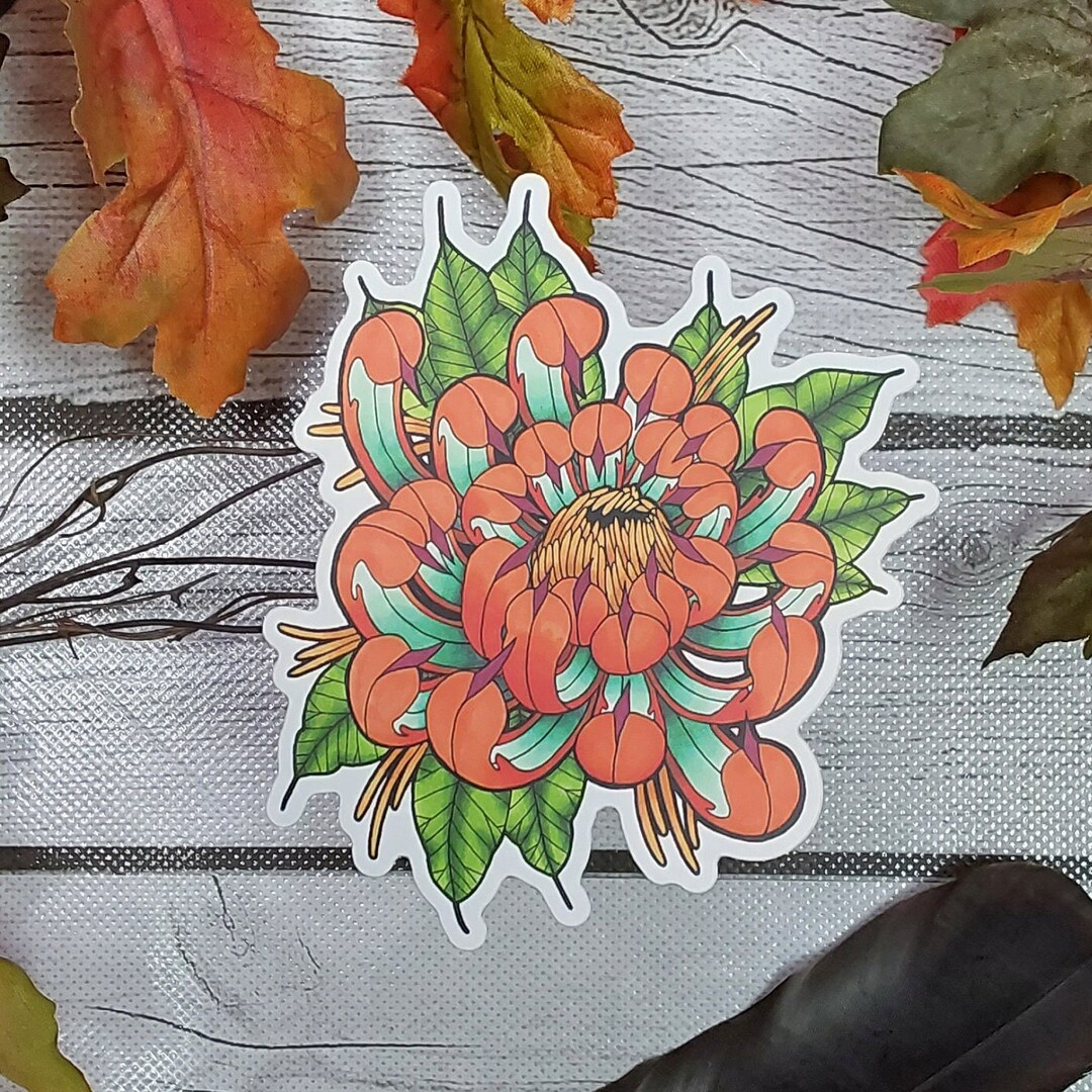 MATTE STICKER: Tattoo Style Teal and Orange Chrysanthemum ...