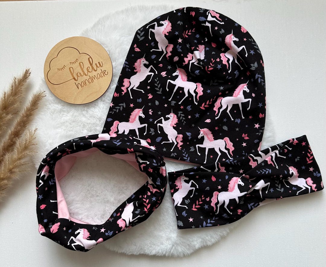 Mütze / Beanie Einhorn / Einhörner Pferd Loop Set Stoff Stirnband Haarband Kinder Baby Mädchen ...