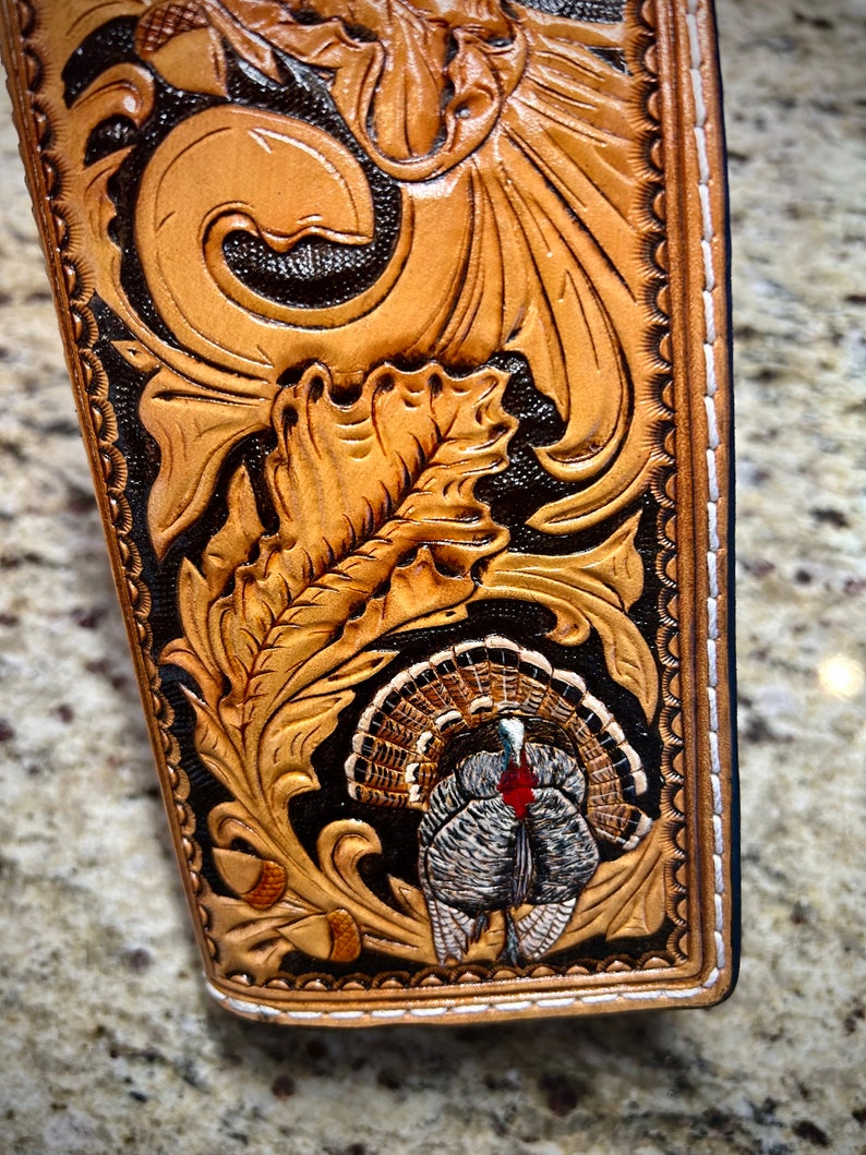 Leather Turkey Roper Wallet, Hand Tooled, Hand Painted, Genuine - Etsy