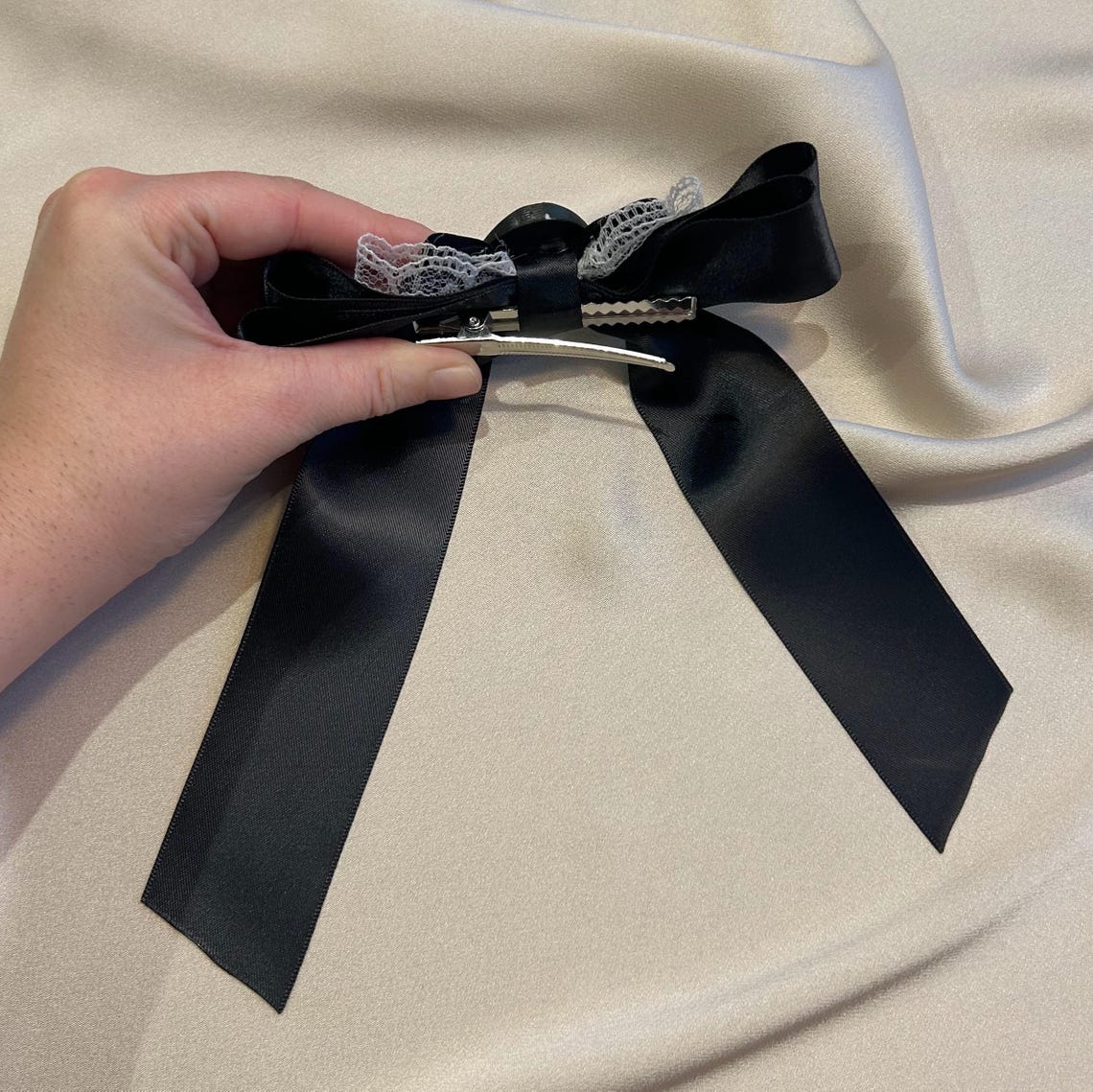 Dark Academia Coquette Aesthetic Black Satin Ribbon Bow With White Lace ...