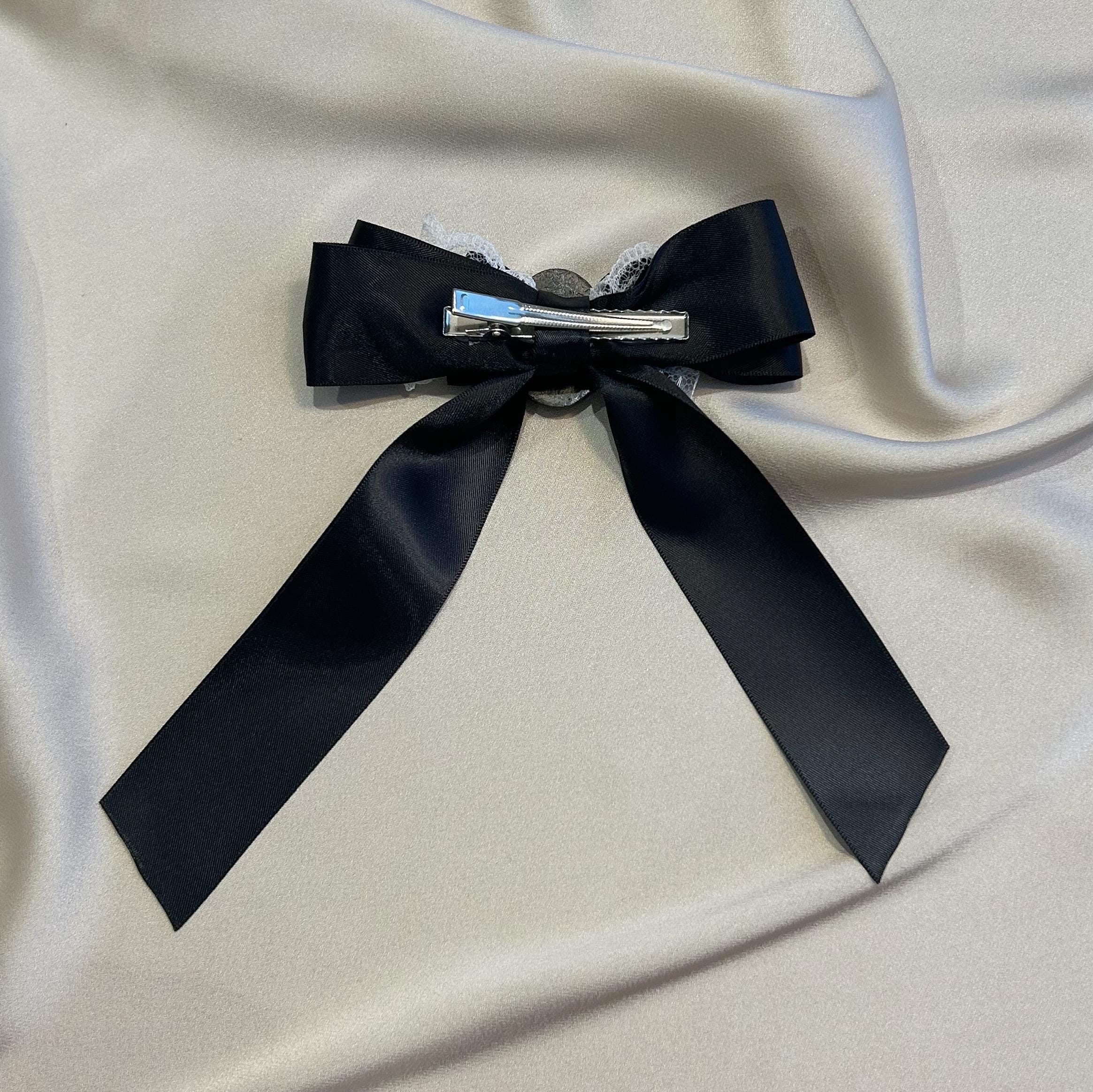 Dark Academia Coquette Aesthetic Black Satin Ribbon Bow With White Lace ...