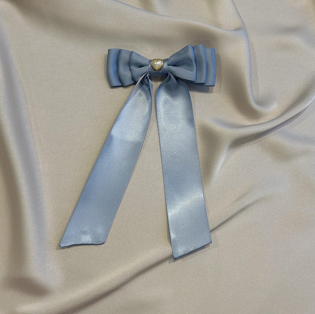 Baby Blue Satin Hair Ribbon Clip With White and Gold Heart Bead - Etsy