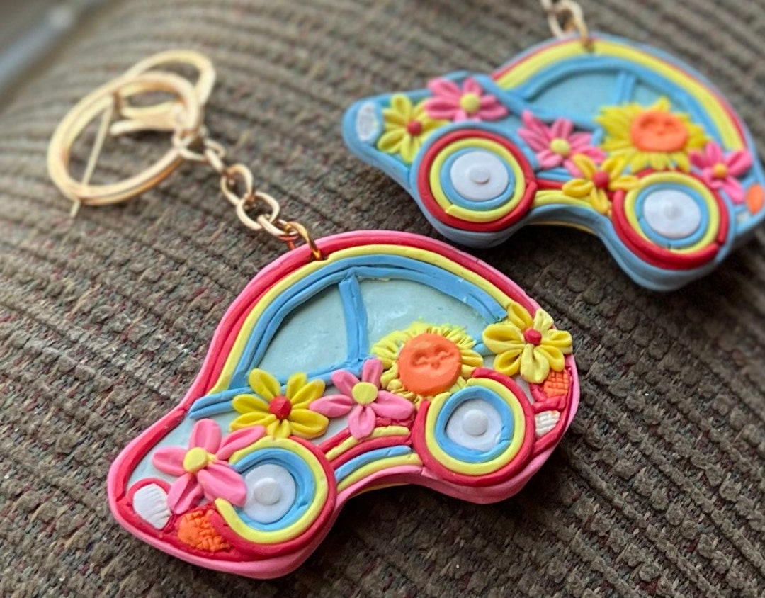 Hippie Car Keychain | VW Beetle - Vintage 60s 70s Style Polymer Clay ...