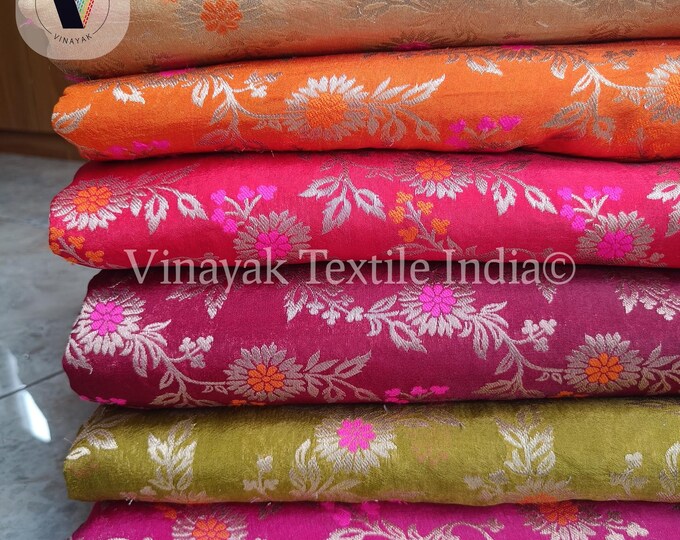 44" Floral Red Pink Orange Indian Brocade by Yard, Dyed Brocade, Sewing ...