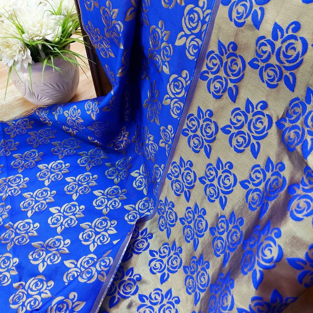 Royal Blue Gold Brocade by the Yard, Indian Jacquard Fabric Indian ...