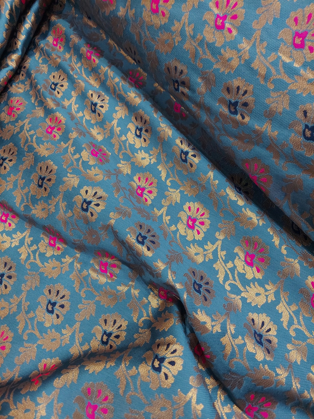 48" Gray Indian Brocade Fabric by the Yard, Art Silk Floral Banarasi ...